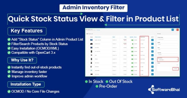 Admin Inventory Filter – Stock Status View & Filter in OpenCart 3.x